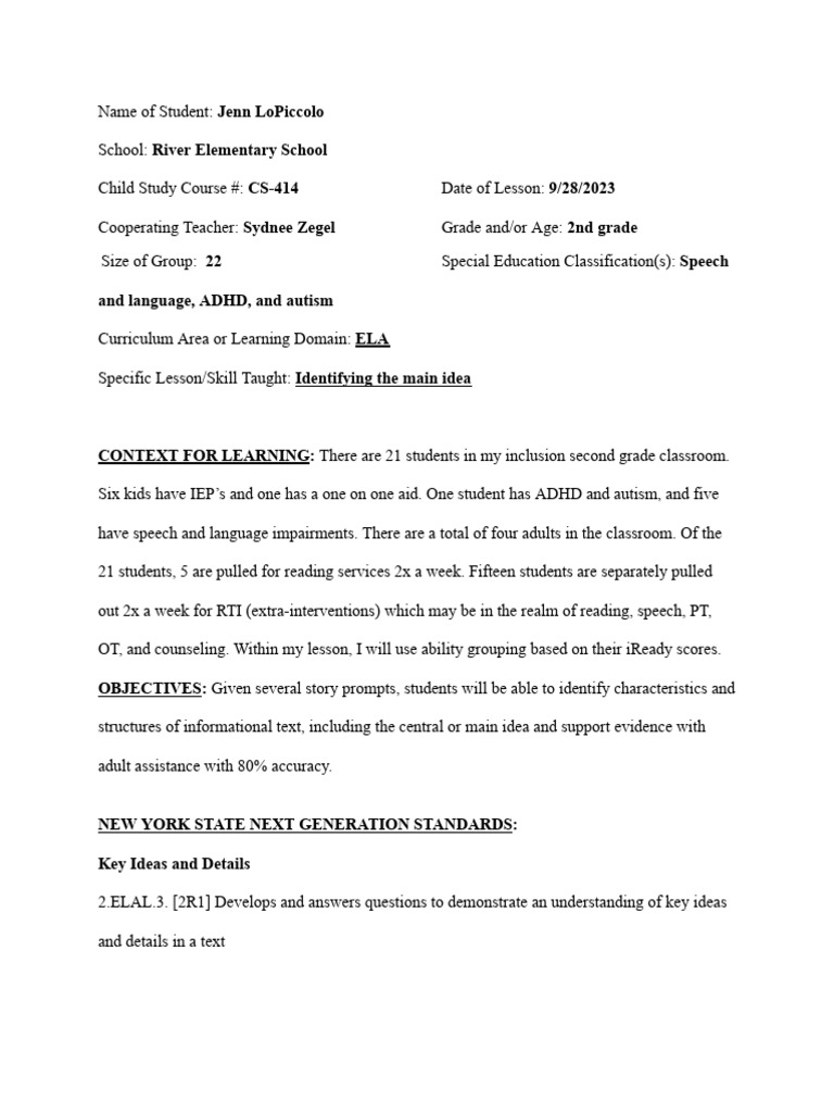 Cs 414 Lesson Plan 1 Main Idea | PDF | Question | Classroom