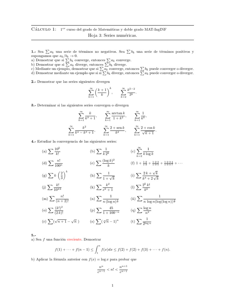 C Alculo 1: Hoja 3: Series Num Ericas.: Creciente | PDF | Matemáticas ...