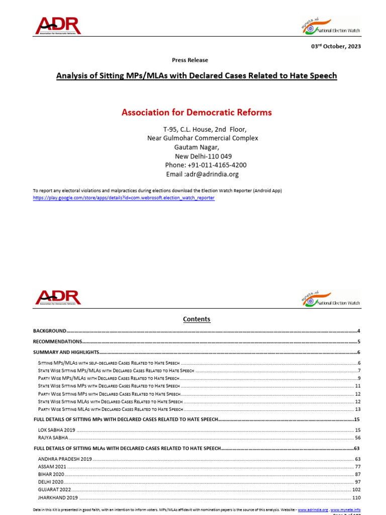Analysis of Sitting MPs and MLAs With Declared Cases Related To Hate Speech 2023 English | PDF ...