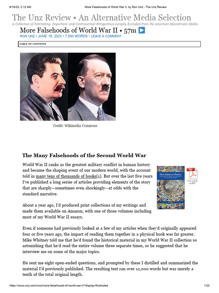 WWII Falsehoods: Ron Unz's Analysis | PDF | Zionism | Nazi Germany