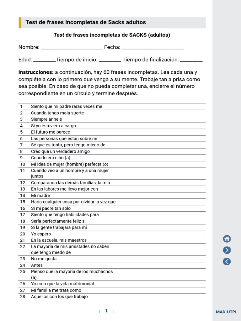Test de Frases Incompletas de SACKS (Adultos) | PDF