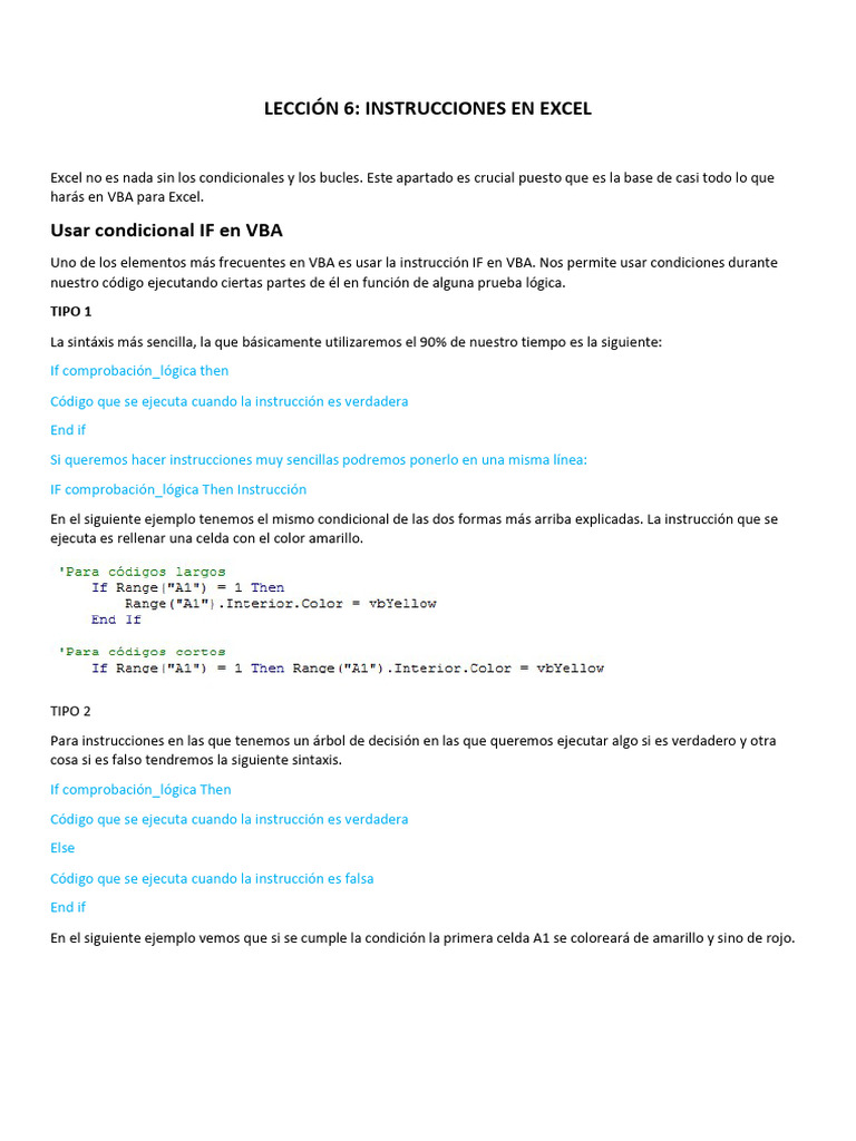 Leccion Nº6 Excel VBA Instrucciones en Excel | PDF | Flujo de control | Microsoft Excel