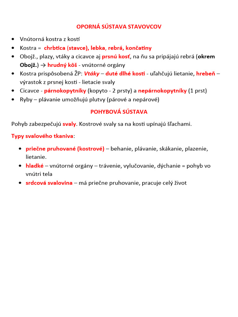 Biology - STAVOVCE (Oporná Sústava) | PDF