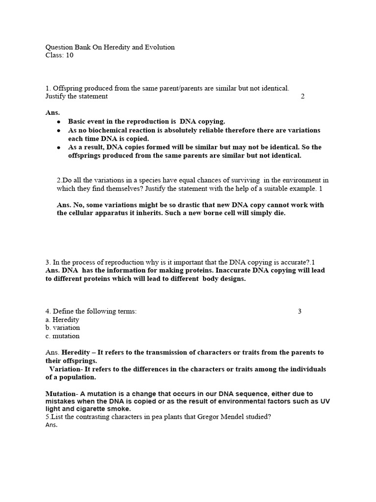 Question Bank On Heredity and Evolution | PDF | Dominance (Genetics ...