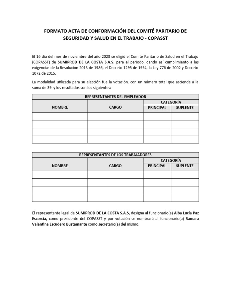 FORMATO ACTA DE CONFORMACIÓN DEL COMITÉ PARITARIO DE SEGURIDAD Y SALUD ...