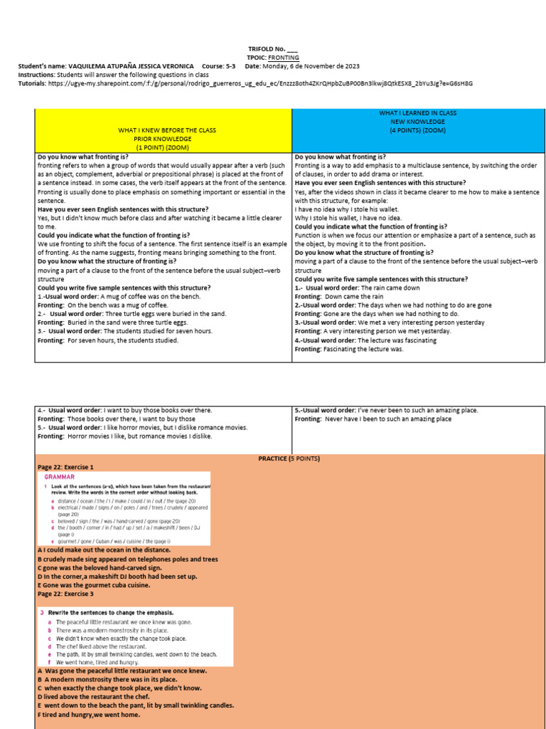 Grammar Trifold-FRONTING | PDF | Sentence (Linguistics) | English Language