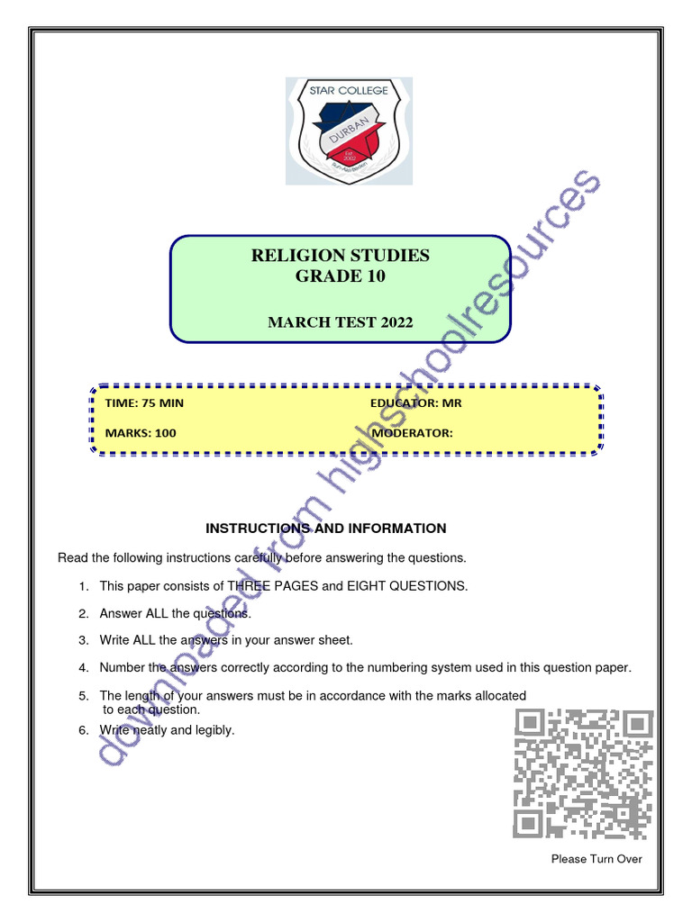 Religion Studies (Grade 10) QP+Memo Term 1 2022 | Download Free PDF ...
