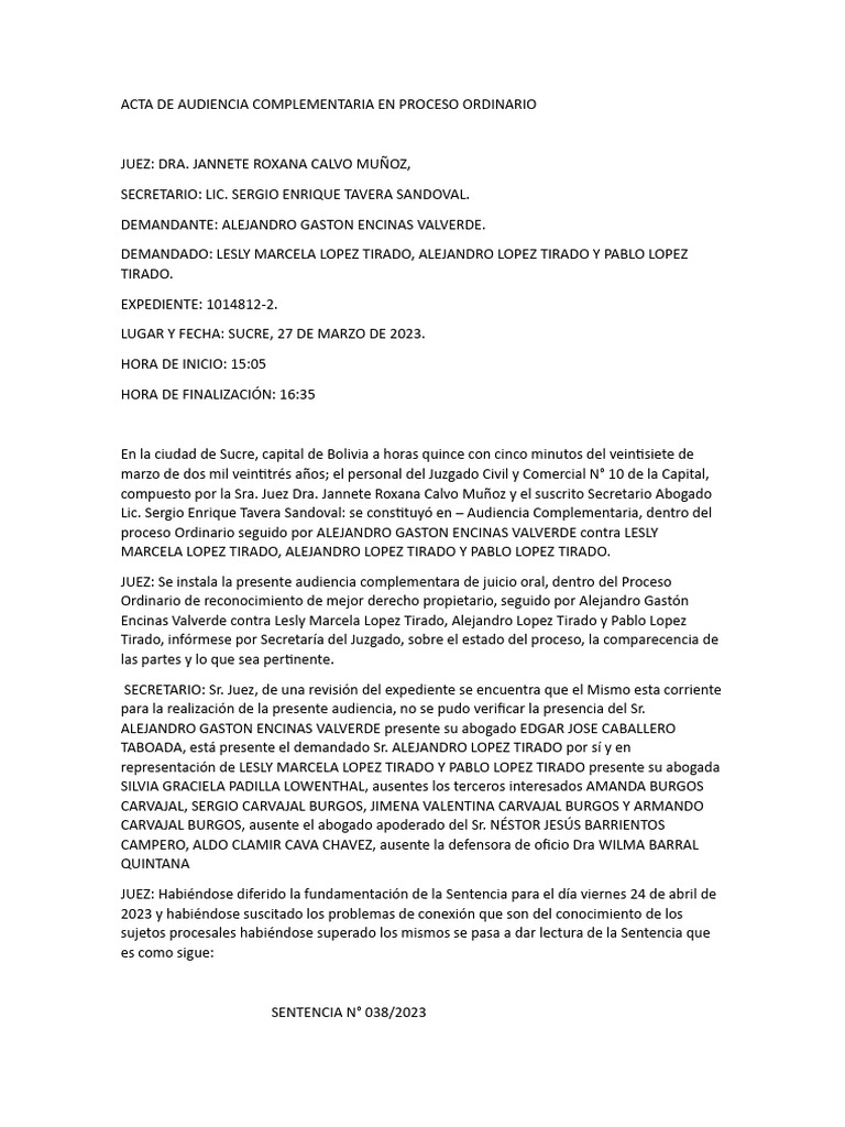 Audiencia Complementaria: Sucre 2023 | PDF | Propiedad | Sentencia (ley)