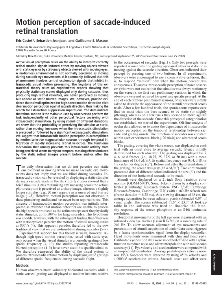 Castet (2002) Motion Perception of Saccade-Induced Retinal Translation | PDF | Perception ...