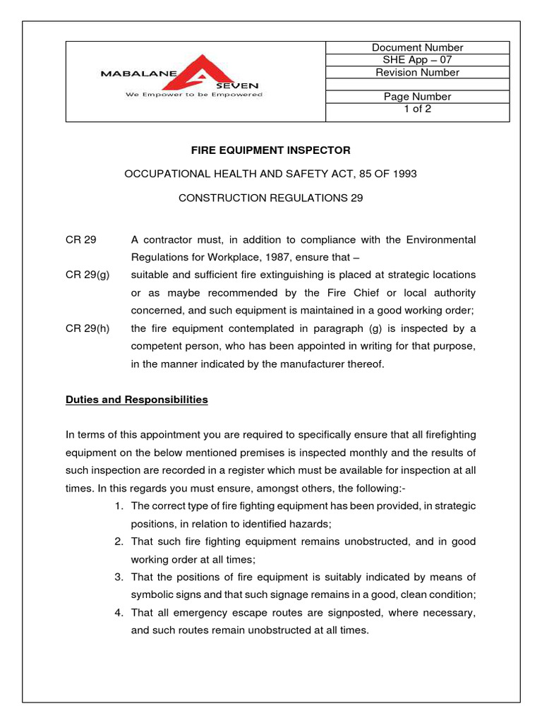 SHE App 7 - Fire Equipment Inspector CR 29 (H) | PDF | Firefighting ...