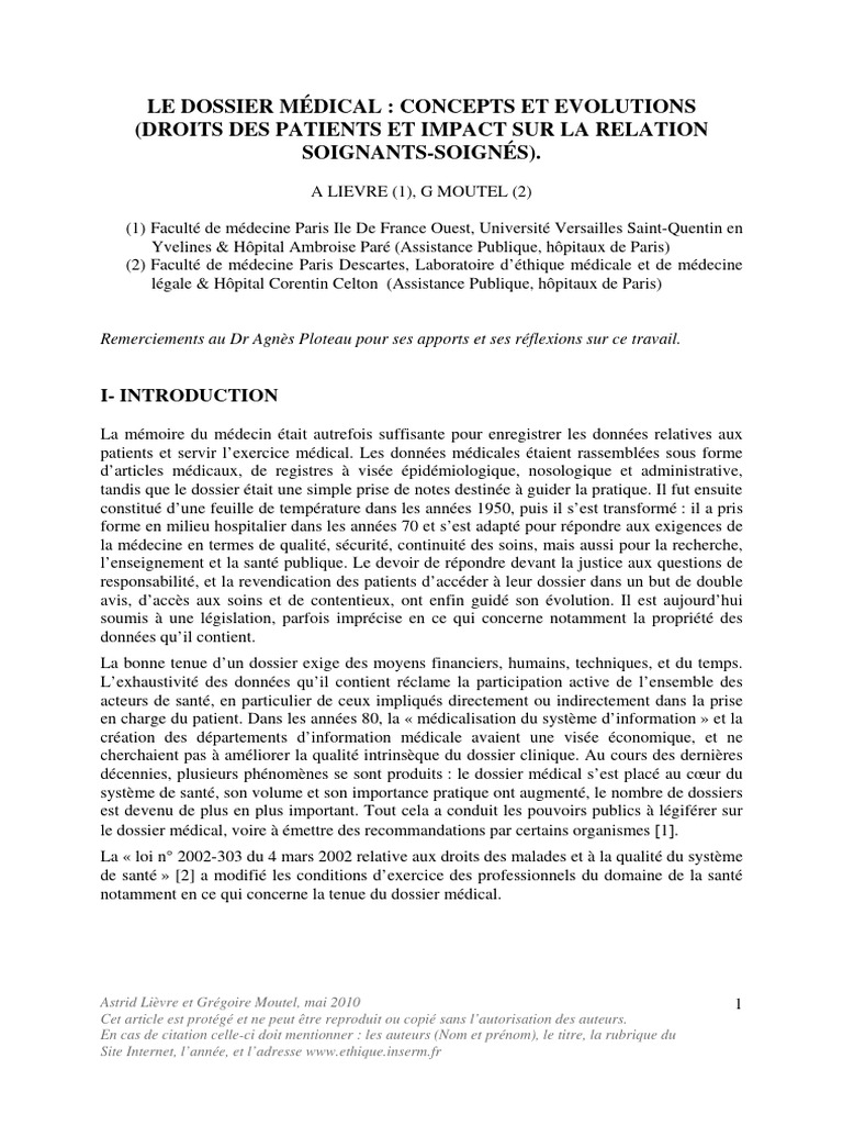 Évolution du dossier médical et droits des patients | PDF ...