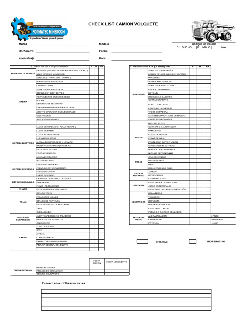 Check List para Volquetes en Excel | PDF | Neumático | Camión