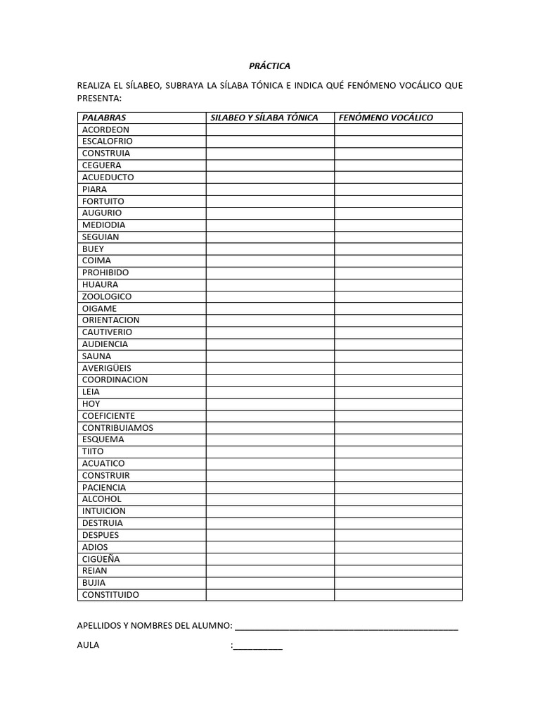 Práctica Silabeo, Sílaba Tónica, C.V. | PDF | Salud y bienestar