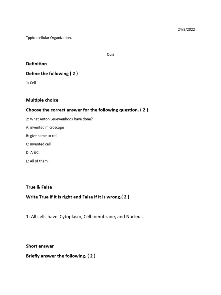 Cellular Organization Quiz and Answers | PDF