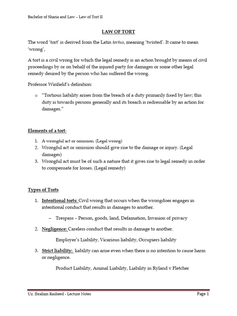 Intro - Tort Ii | PDF | Tort | Damages