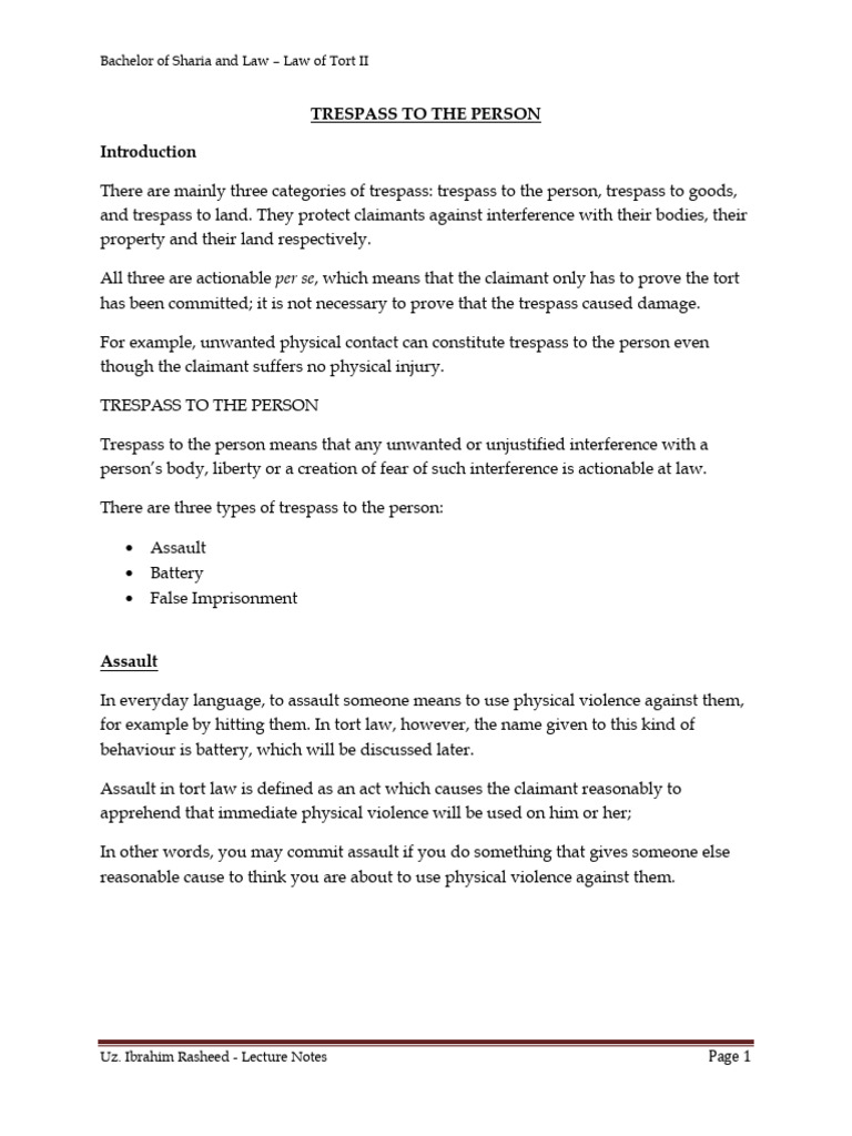 Trespass To Person Pdf Trespass Assault
