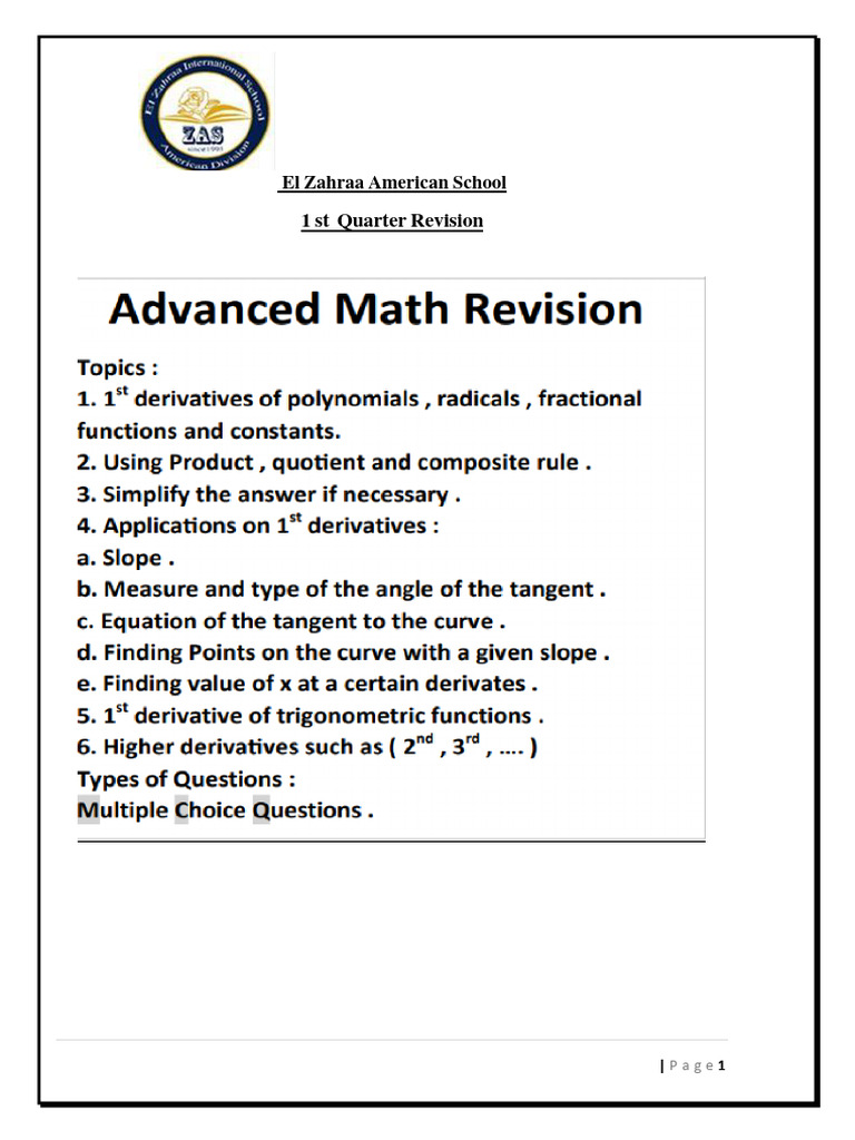 Revision g12 Advanced Math2023-2024 | PDF | Tangent | Slope