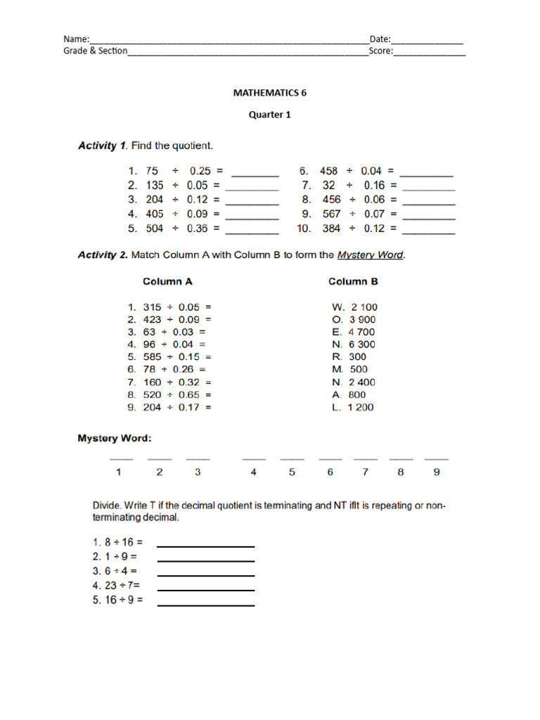 Asynchronous Activity Mathematics-6 | PDF