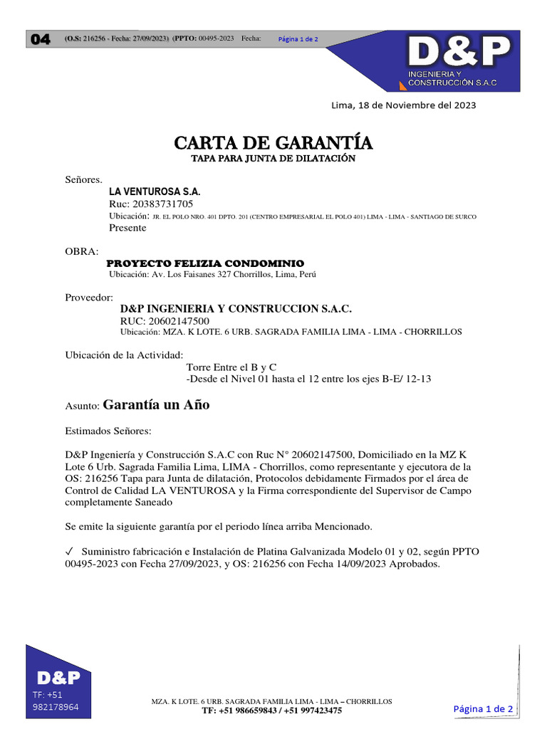 04 Carta de Garantía O.S 216256 Tapa Junta | PDF | Ciencias fisicas
