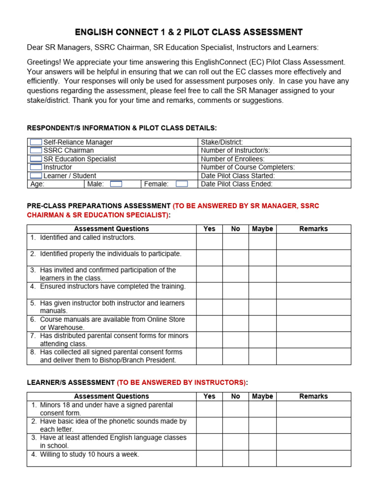 English Connect 1 & 2 Assessment Form (For Pilot Classes) | Download ...