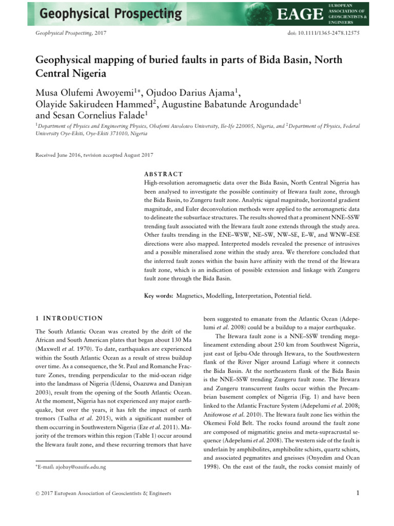 Geophysical Mapping of Buried Faults in Parts of Bida Basin, North Central Nigeria | PDF ...
