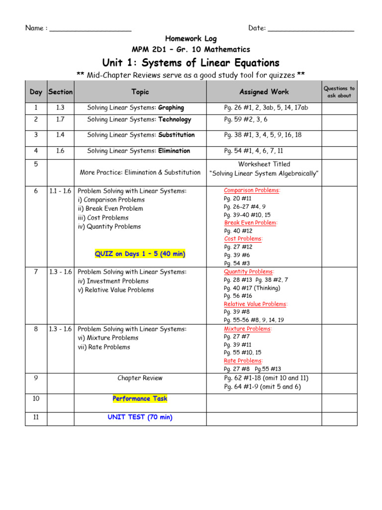 Grade 10 Linear Equations Homework Log | PDF | System Of Linear ...