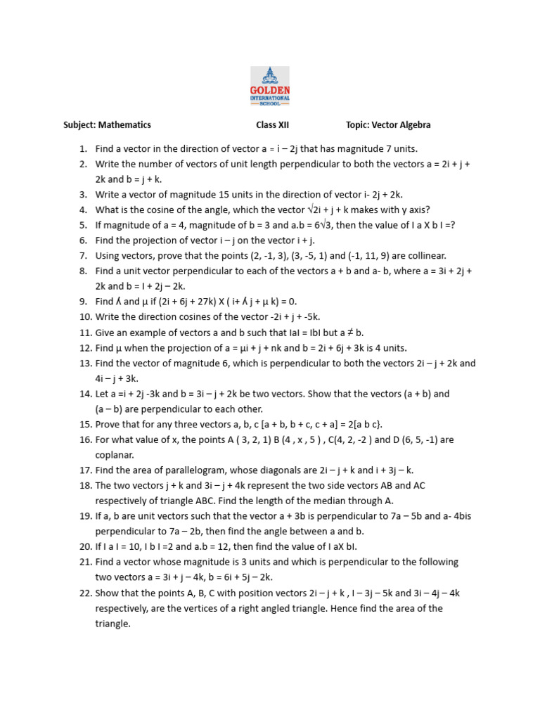 Class XII Vector Algebra Problems | PDF | Euclidean Vector | Triangle