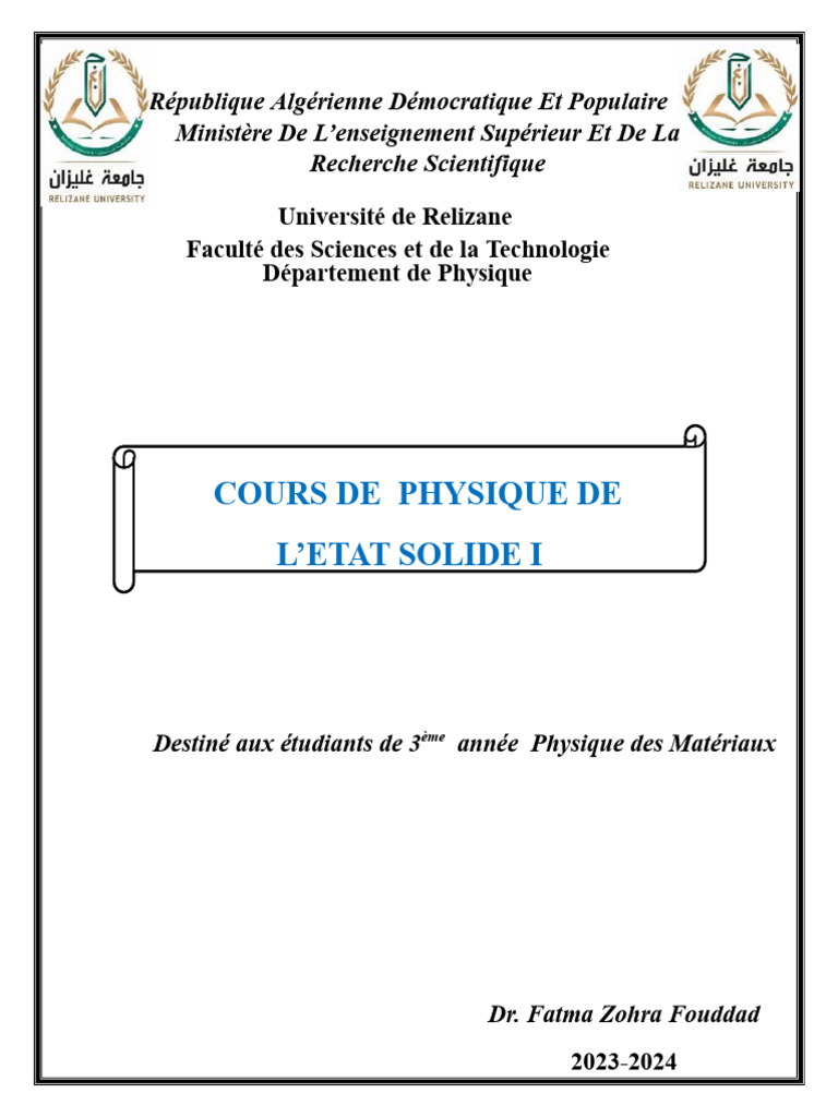Cours Physique Du Solide - Fouddad | PDF | Structure cristalline | Cristal