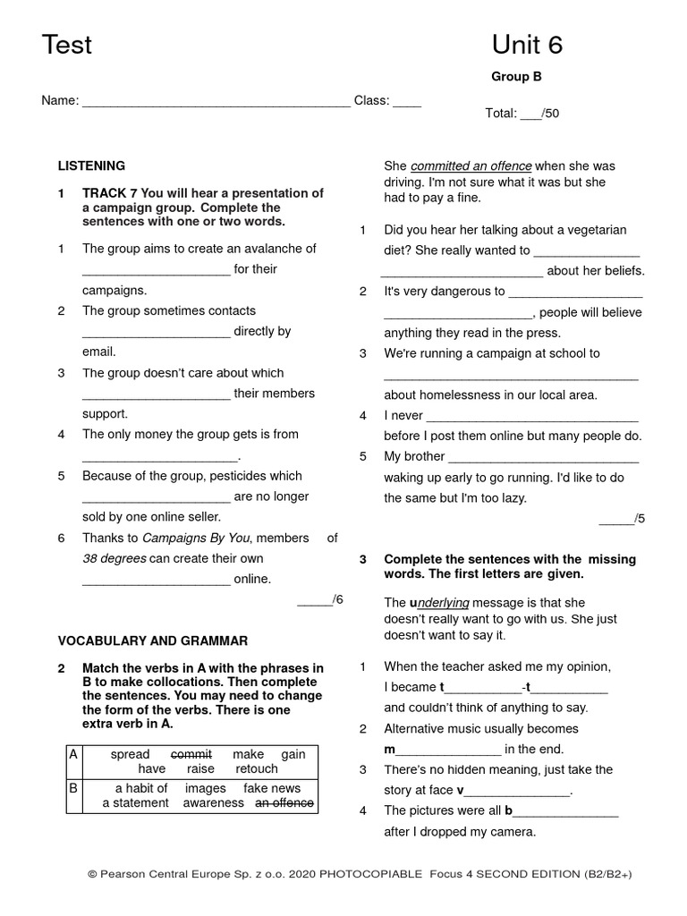 Focus4 2E Test Unit6 GroupB 2kol | PDF | Sentence (Linguistics)