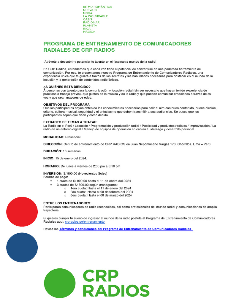 Programa de Entrenamiento de Comunicadores Radiales de CRP Radios 2024 | PDF