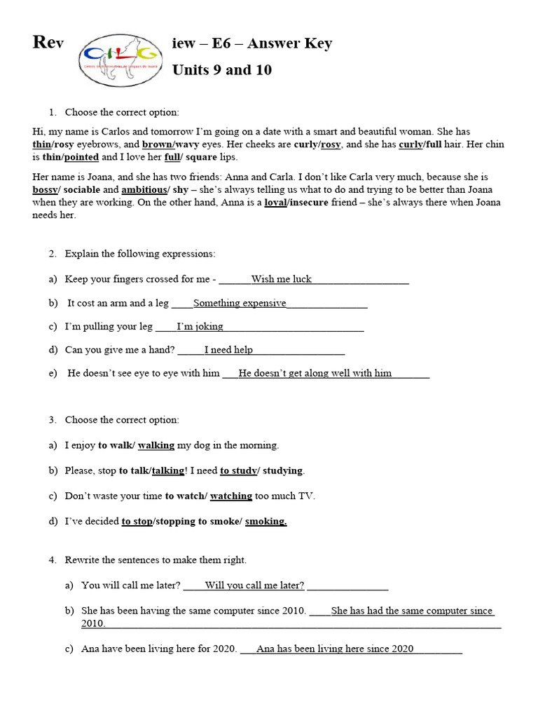 E6 Units 9-10 Answer Key | PDF | Facial Features | Face