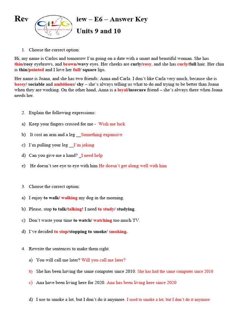 Review Units 9 and 10 - E6 - Answer Key | PDF