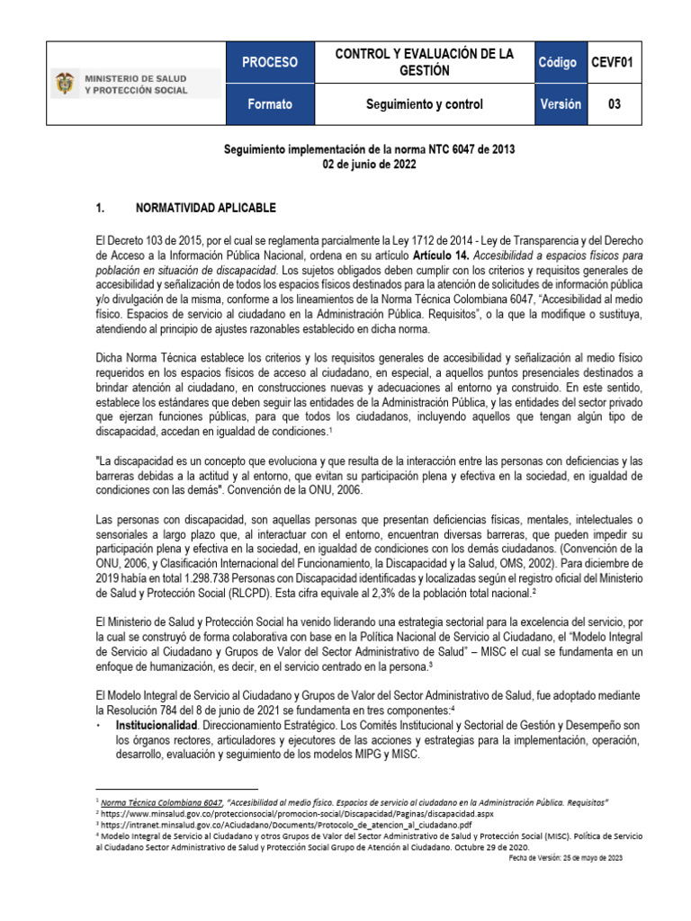 Seguimiento Implementacion NTC 6047 2013 2022 | PDF | Invalidez