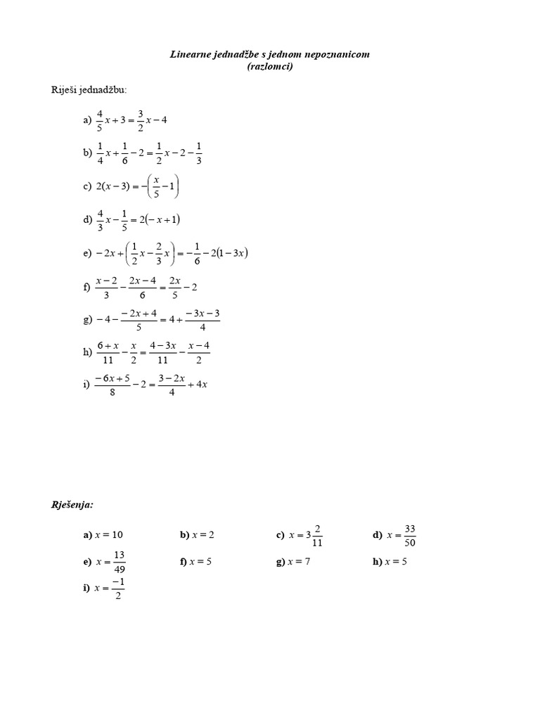 Linearne Jednadzbe S Jednom Nepoznanicom Razlomci | PDF