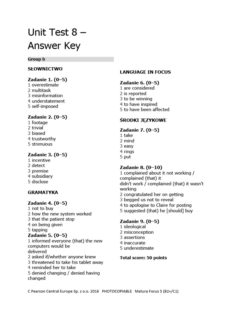 Unit 8 Test Answer Key - Group B | PDF