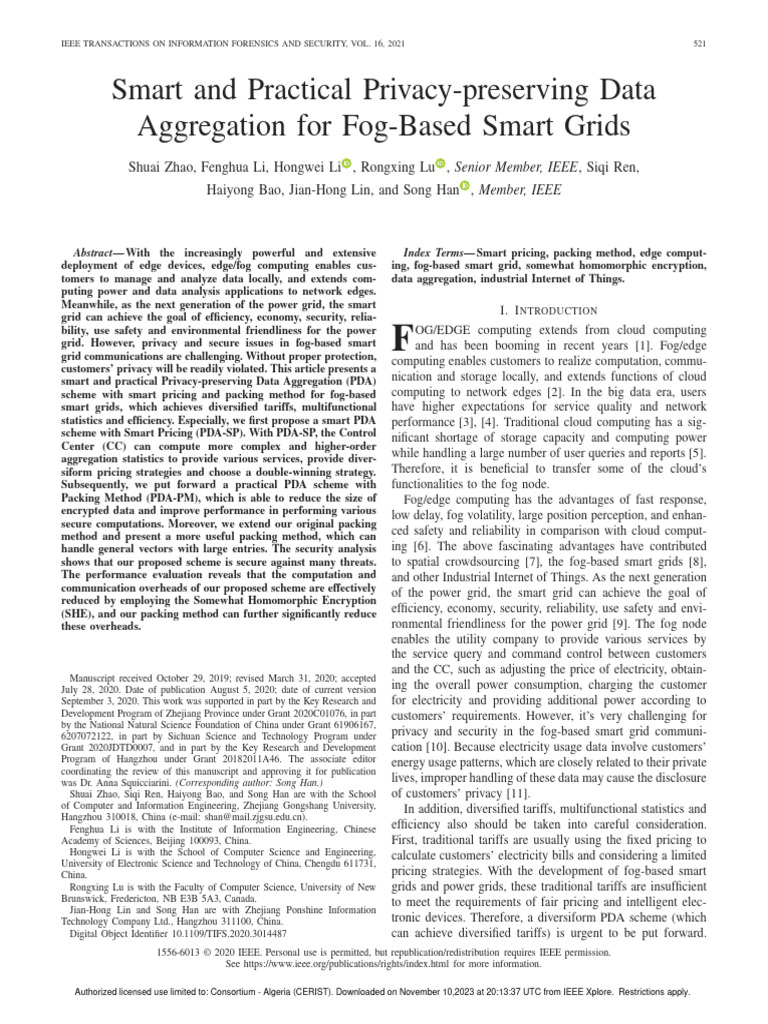 Smart and Practical Privacy-Preserving Data Aggregation For Fog-Based Smart Grids | PDF ...