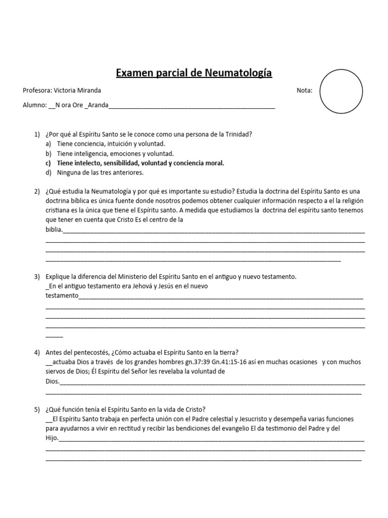 Examen Parcial de Neumatología | PDF | espíritu Santo | Jesús