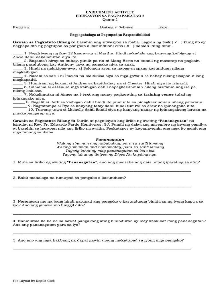 ESP 6 Enrichment Activity Q2 | PDF