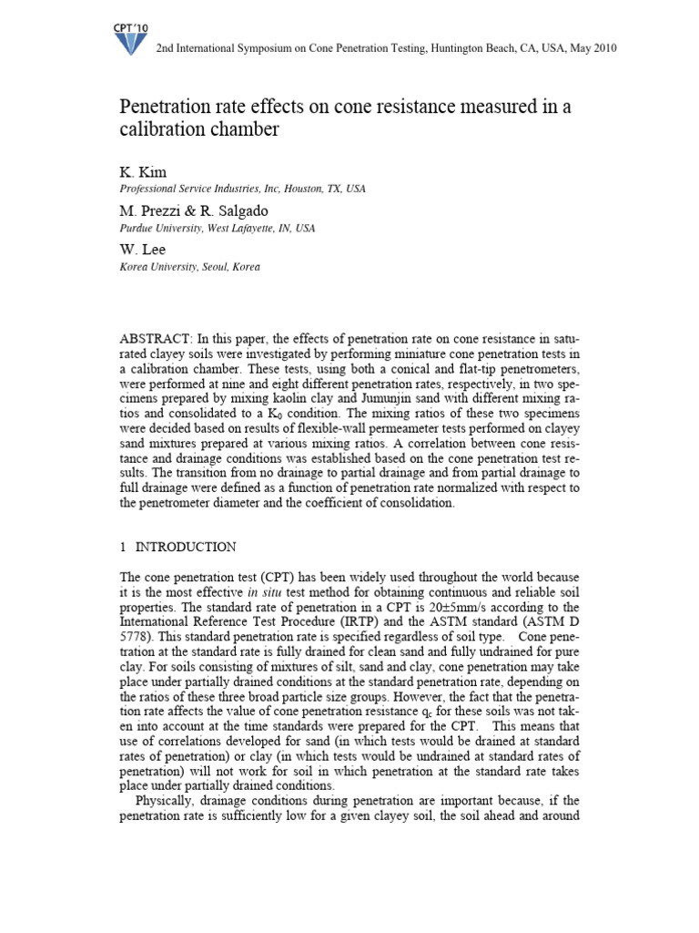 Penetration Rate Effects On Cone Resistance Measured in A Calibration Chamber | PDF | Standard ...