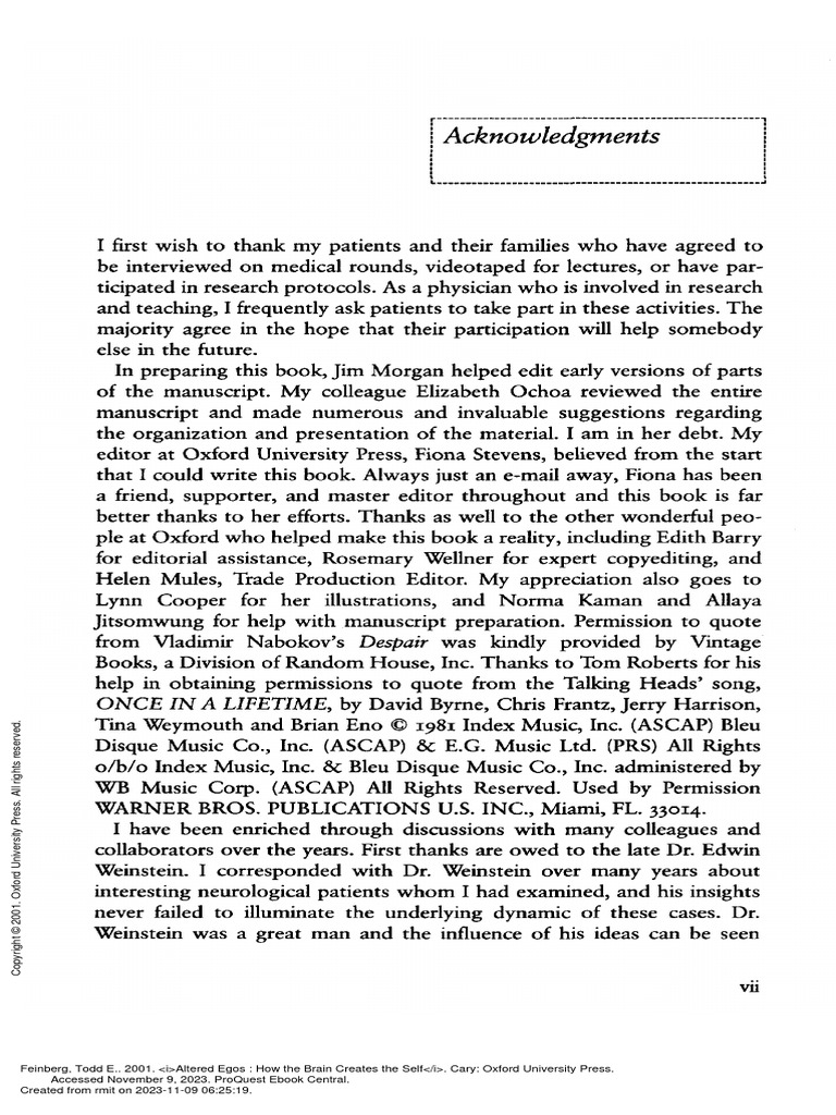 Altered Egos How the Brain Creates the Self ---- (Acknowledgments) | PDF