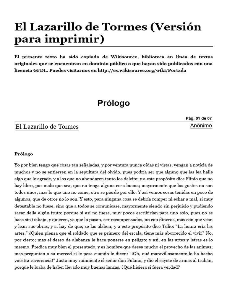 El Lazarillo de Tormes (Versión para imprimir) - Wikisource | PDF | Oración