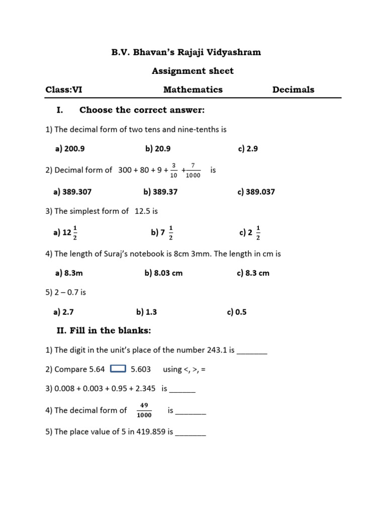 Decimals - Assignment Sheet | Download Free PDF | Decimal | Notation