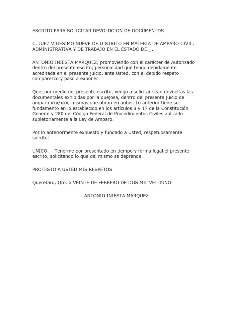 Escrito para Solicitar Devolucion de Documentos | PDF
