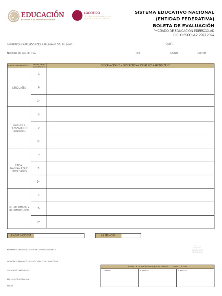 Preescolar Boleta | PDF | Educación de la primera infancia | Evaluación