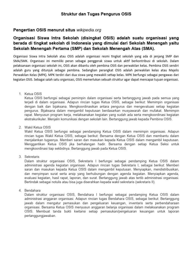 Struktur Dan Tugas Pengurus OSIS New | PDF