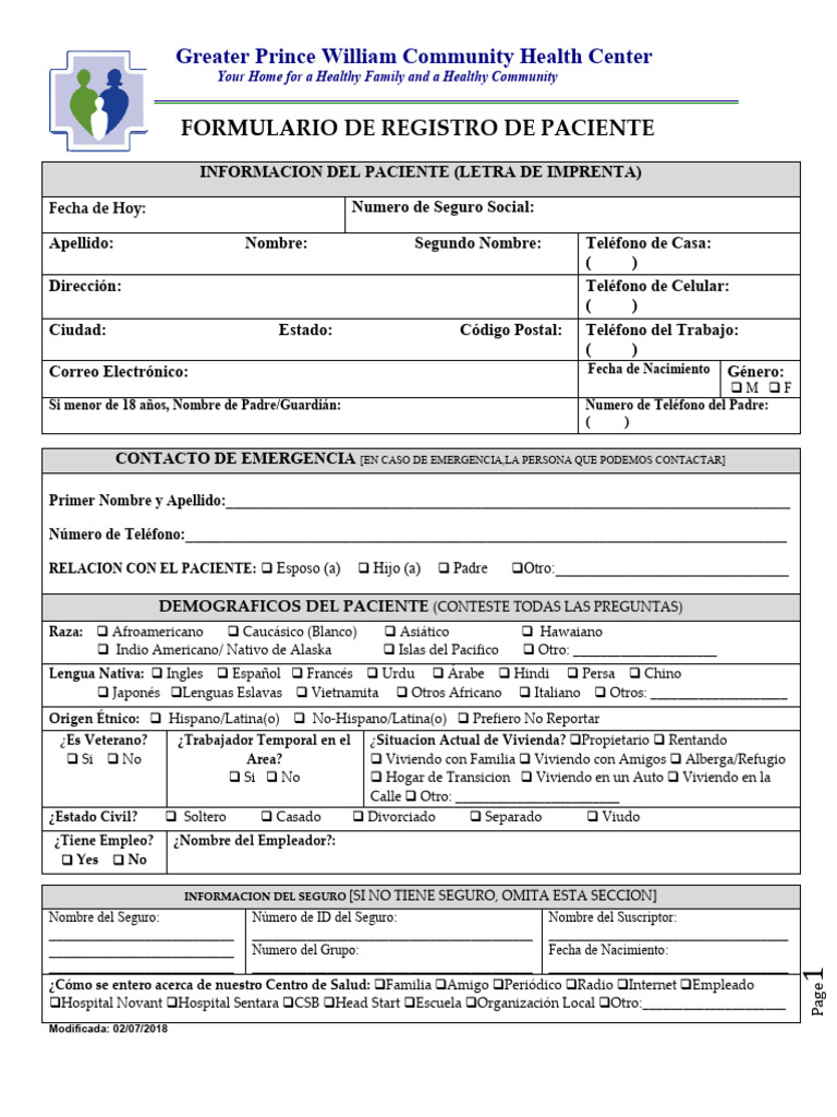 Registro-Paciente PT Registration Forms Spanish 02-07-2018 | PDF ...