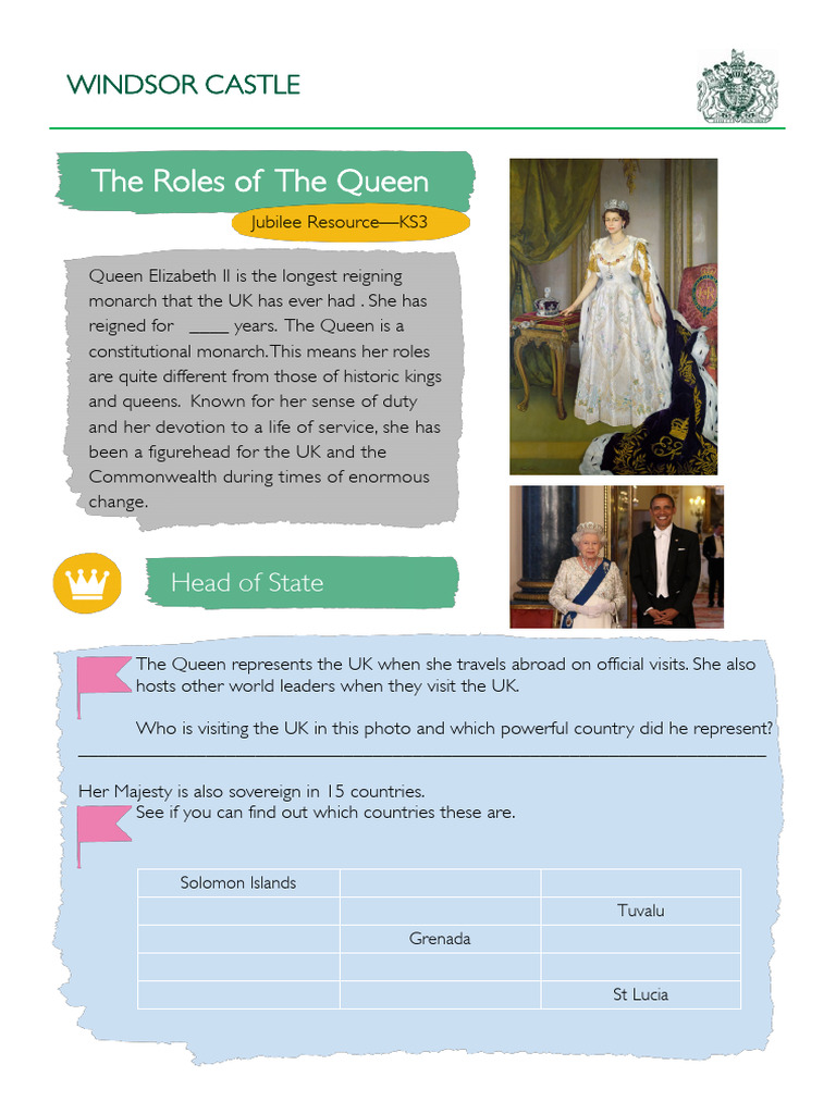 The Roles of The Queen - Jubilee Activity | PDF | Elizabeth Ii ...