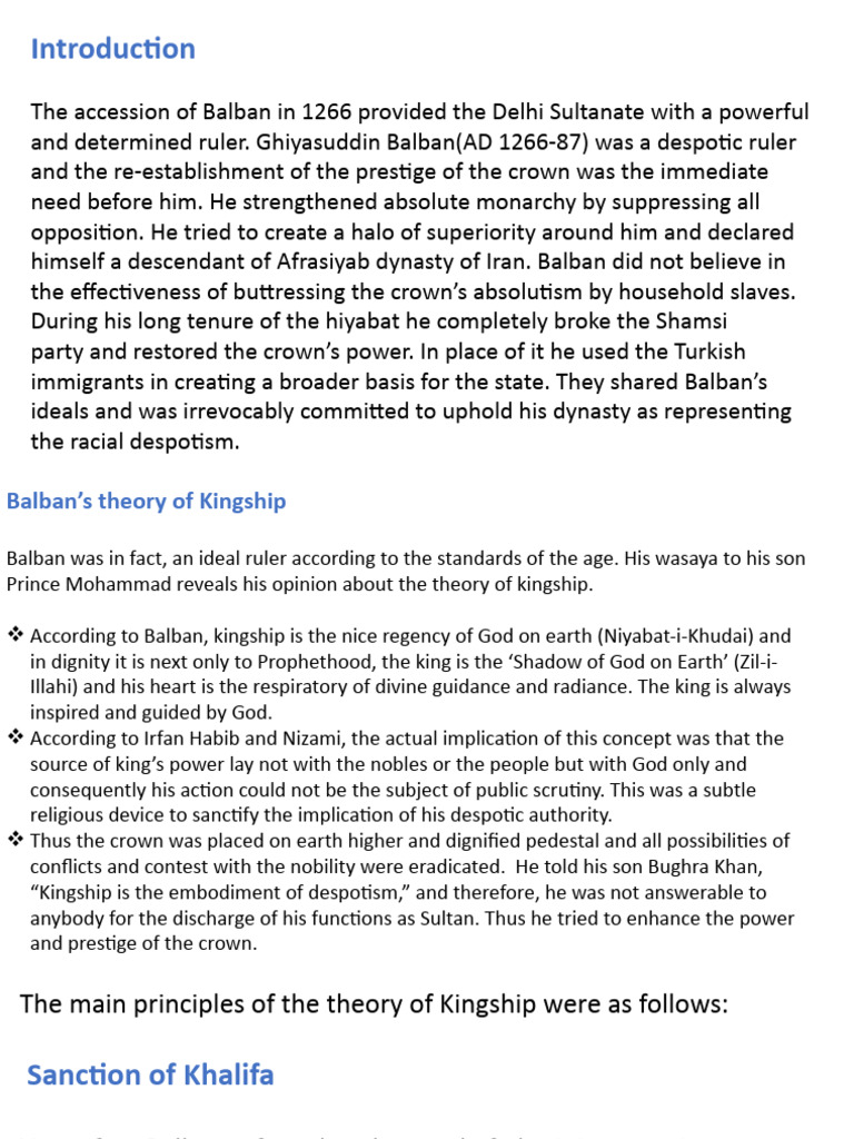 Balban's Theory of Kingship Explained | PDF | Monarchy | Nobility