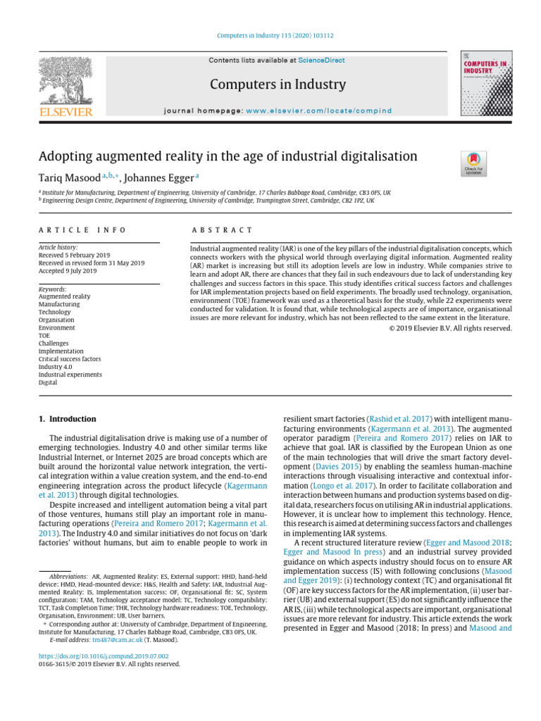 Adopting Augmented Reality in The Age of Industrial Digitalisation ...