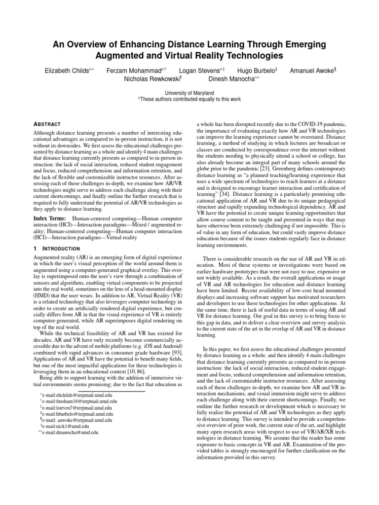 An Overview of Enhancing Distance Learning | PDF | Augmented Reality ...